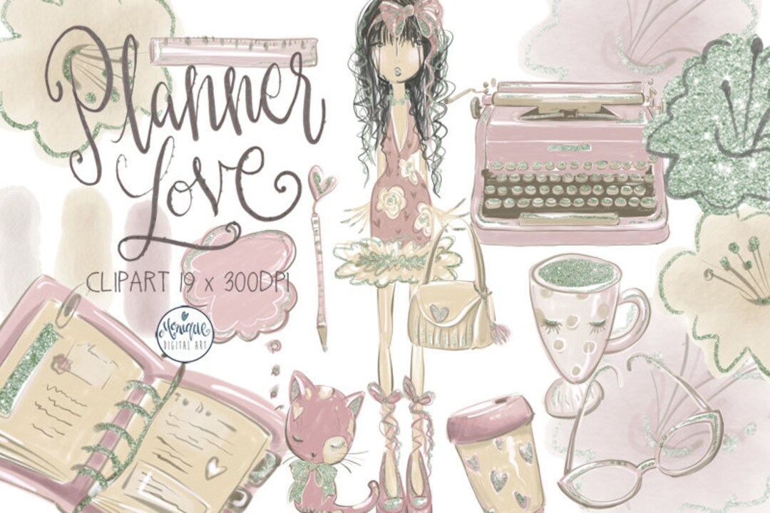 Planner Girl Clip Art,planner Clipart,fashion Illustration,typewriter ...