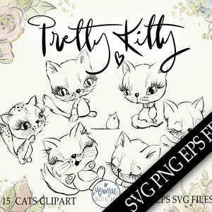 Cats Digital Stamp, Cats SVG, Cats EPS Cats, Cute Cat Doodle, Hand ...