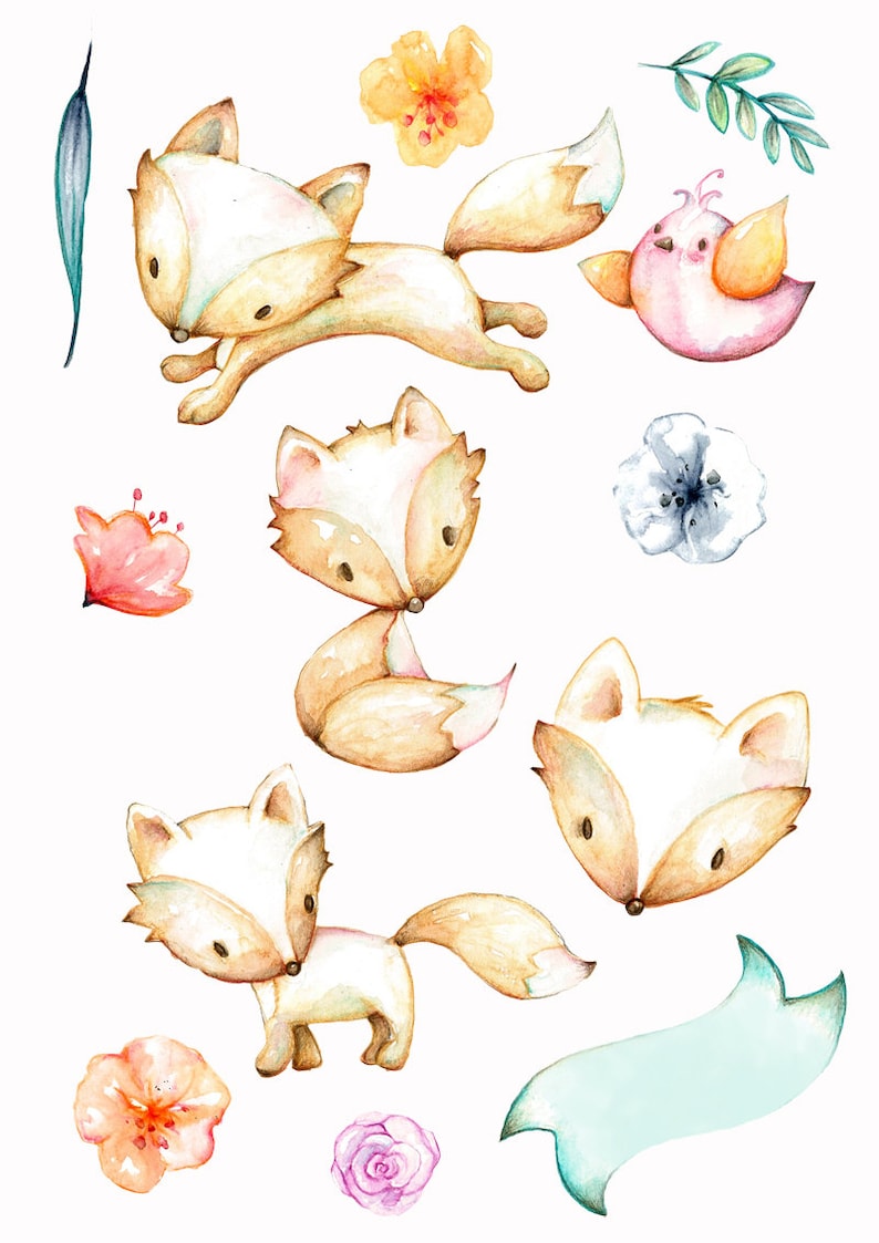 Woodland Nursery Fox Clipart, Watercolor, Hand Painted, Floral, Planner ...