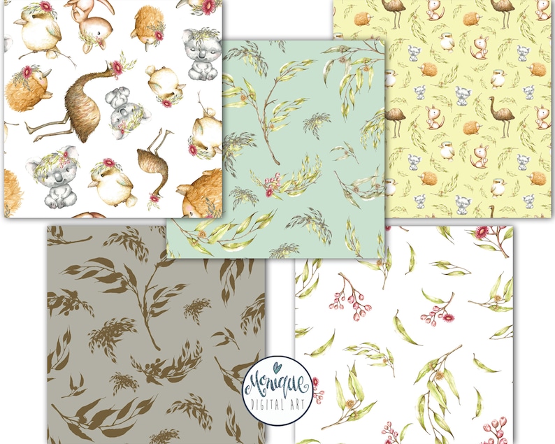 Australian Animals Digital Paper, Kangaroo, Koala, Emu, Kookaburra ...