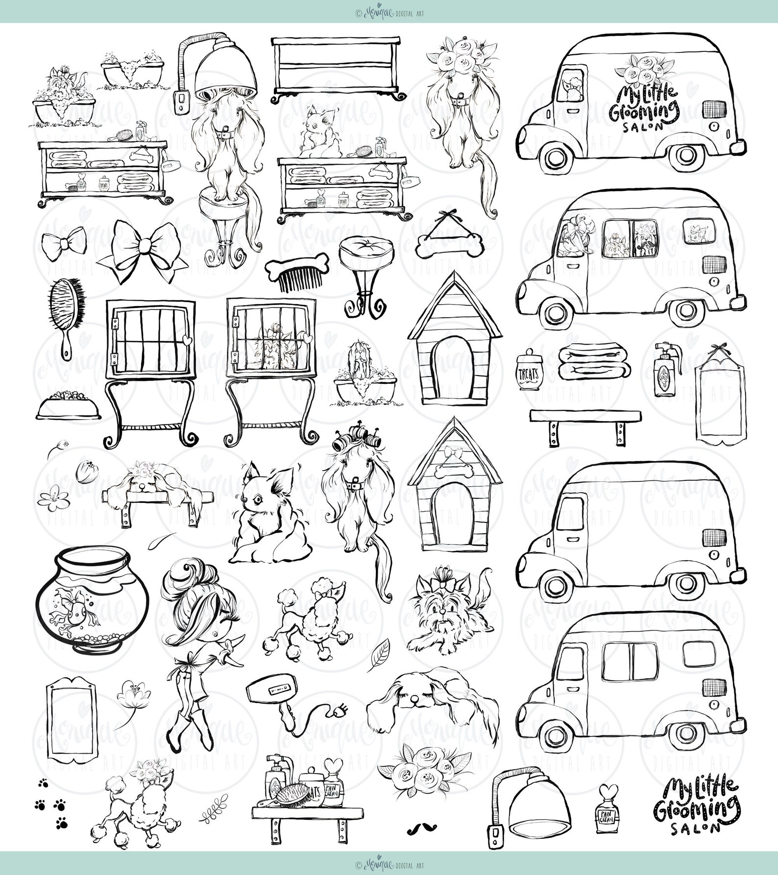 Digi Stamp Dog Grooming Clipart Doodles Cute Dogs Clipart | Etsy