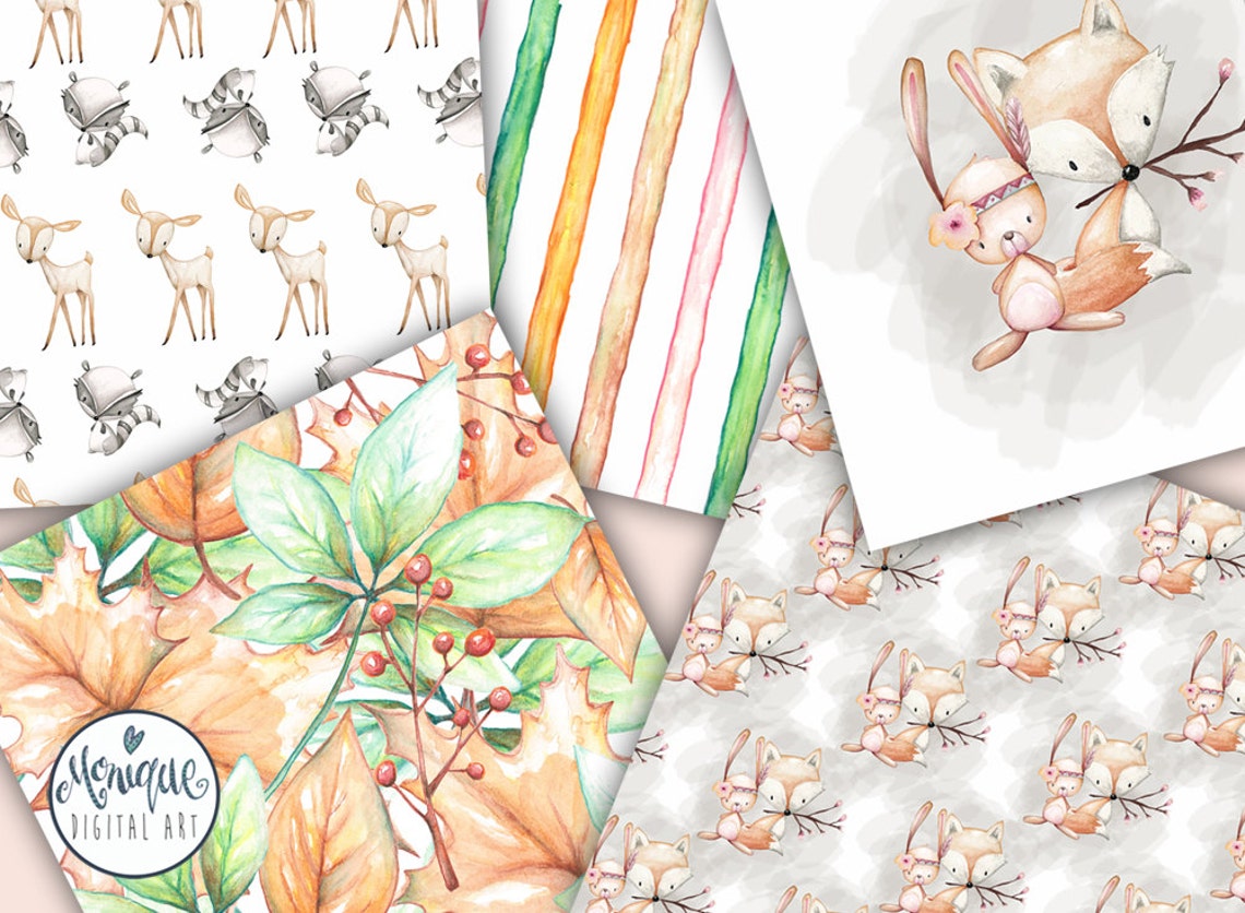 Woodland Forest Digital Papers. Watercolor Designer Clip Art | Etsy