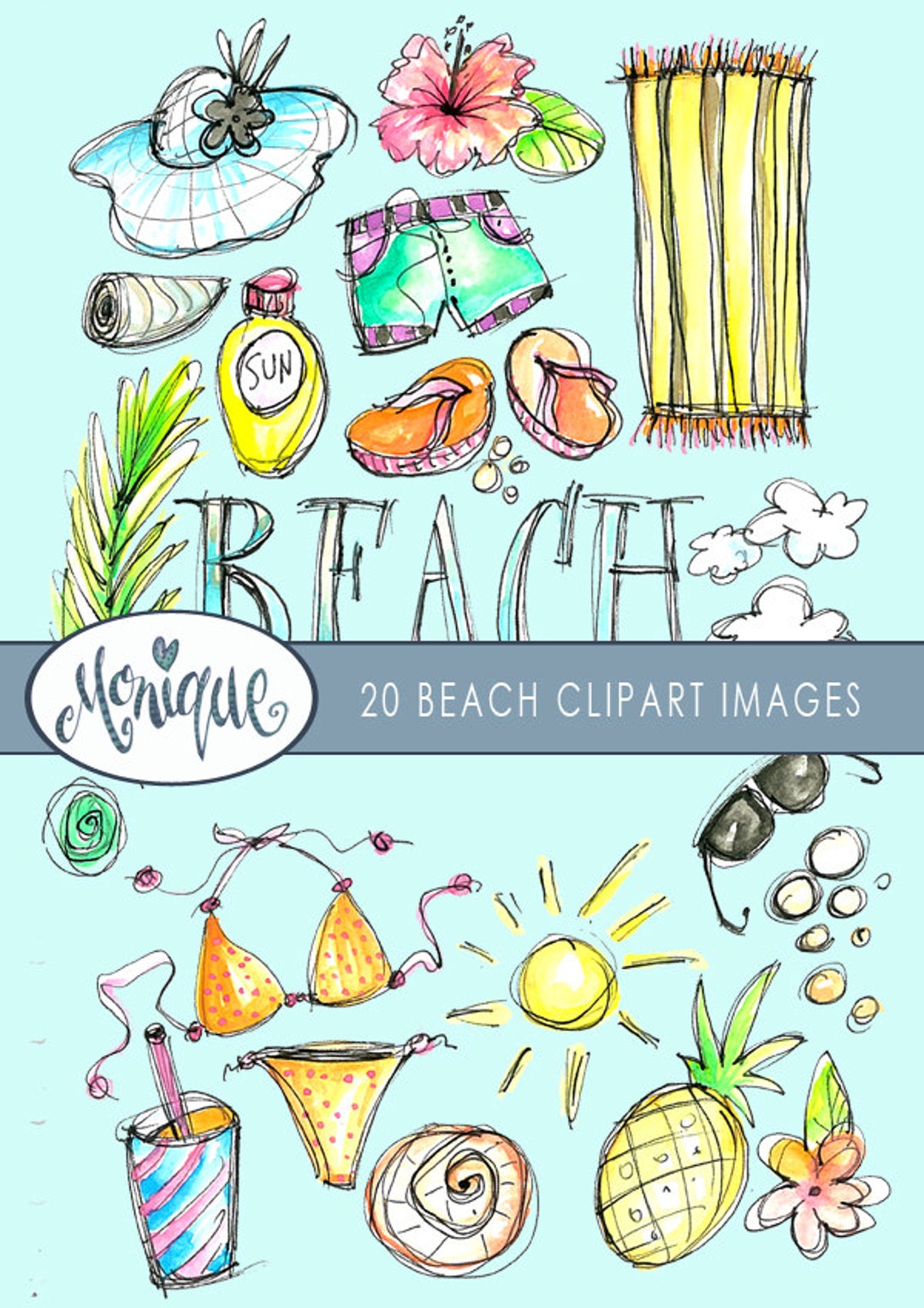 Beach Summer Clipart, Sticker Clipart, Watercolor, Planner Stickers ...