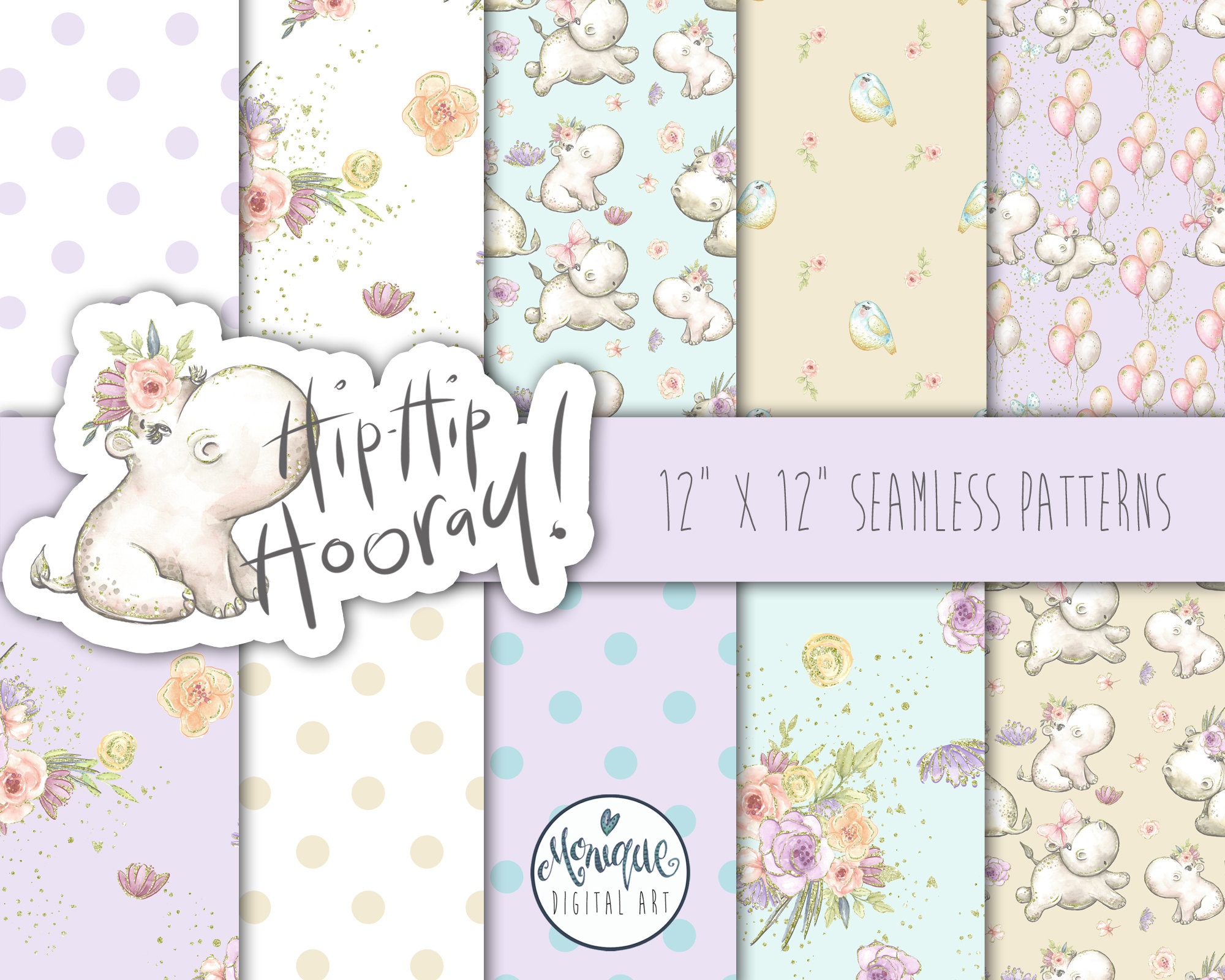 Hippo Digital Paper, Seamless Pattern, Cute Hippo Paper, Mother and ...