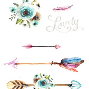 Boho Arrows Clipart, Watercolor Feathers, Tribal, Flowers, Banner, Hand ...
