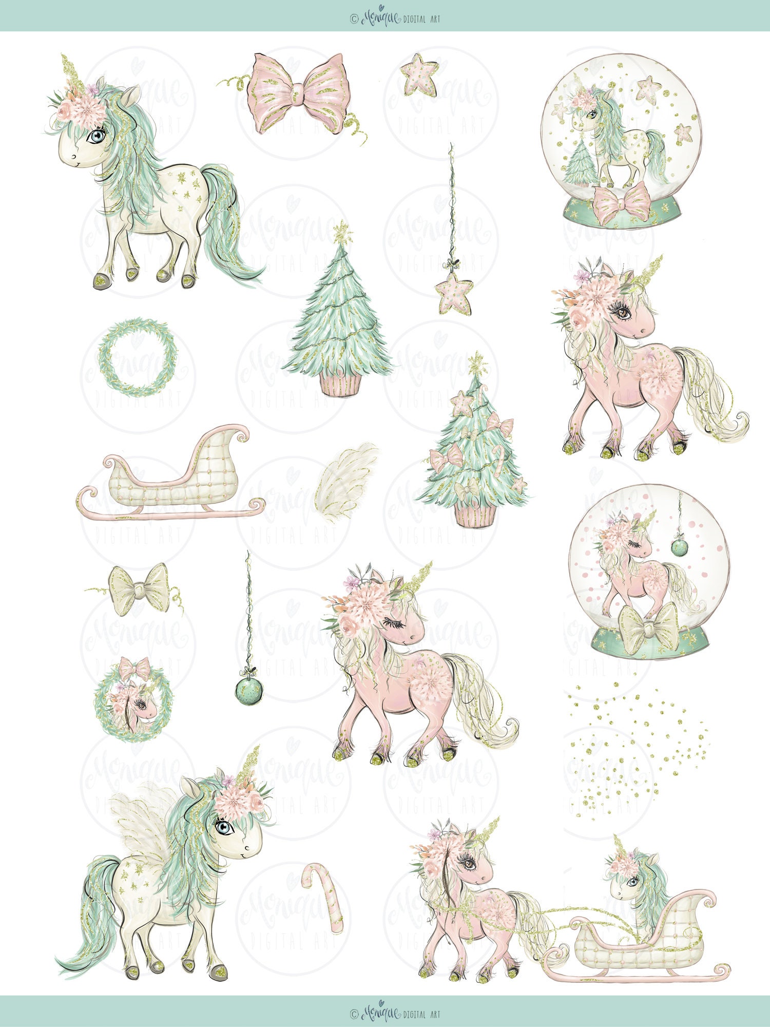 Unicorn Clipart, Christmas Clipart, Unicorn Planner Stickers, Glitter ...