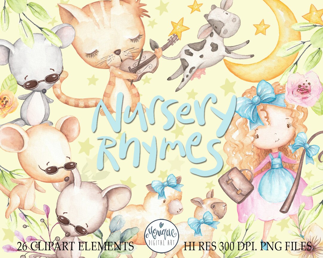 Nursery Rhyme Clipart, Watercolor, 3 Blind Mice, Little Bo Peep, Mary ...
