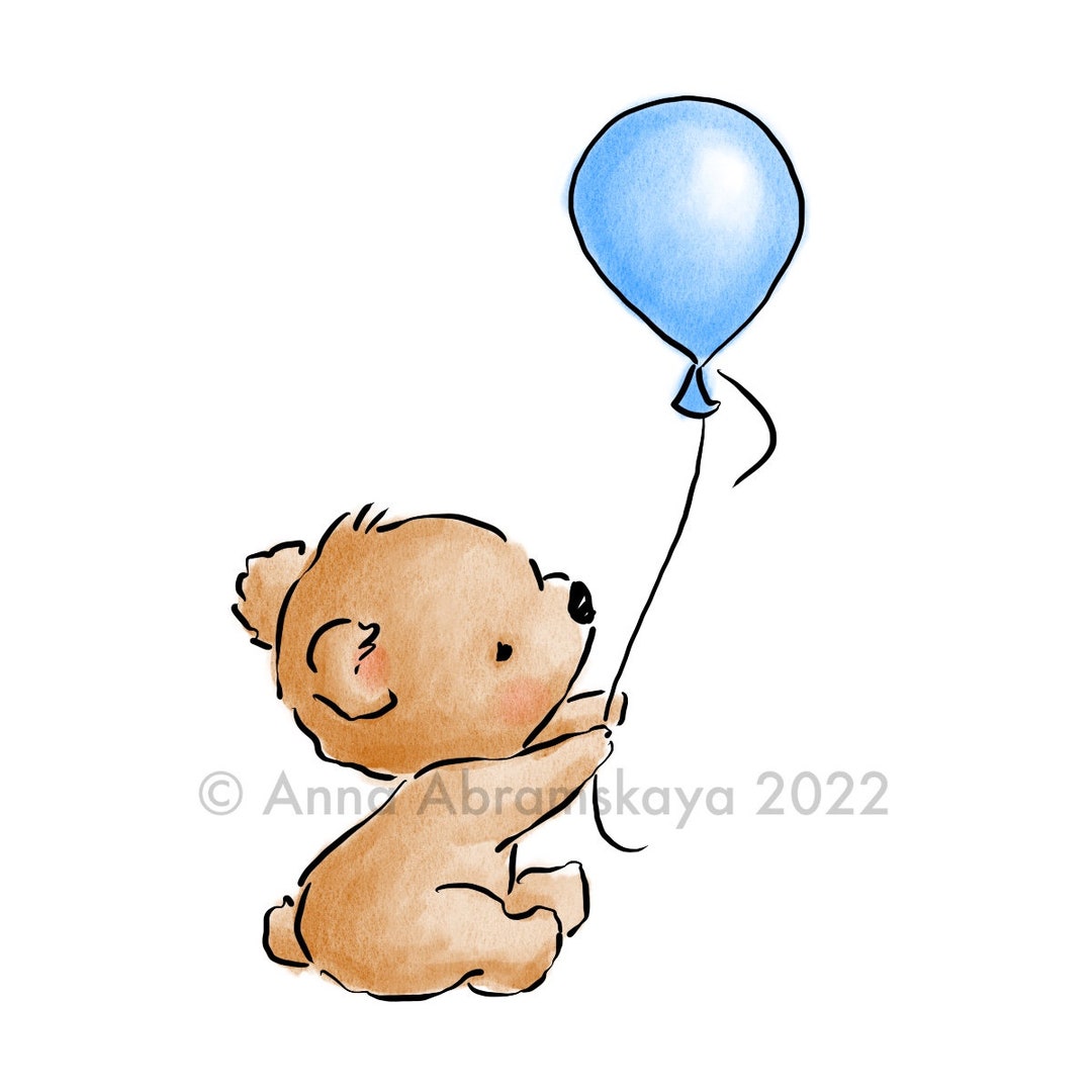 The Drawing of Cute Teddy Bear With Blue Balloon. Printable Art ...