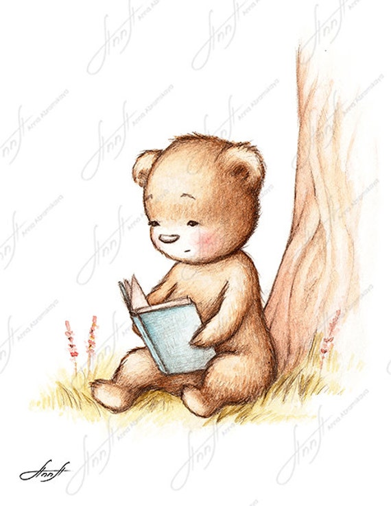 The Drawing of Teddy Bear Reading a Book Under the Tree. | Etsy