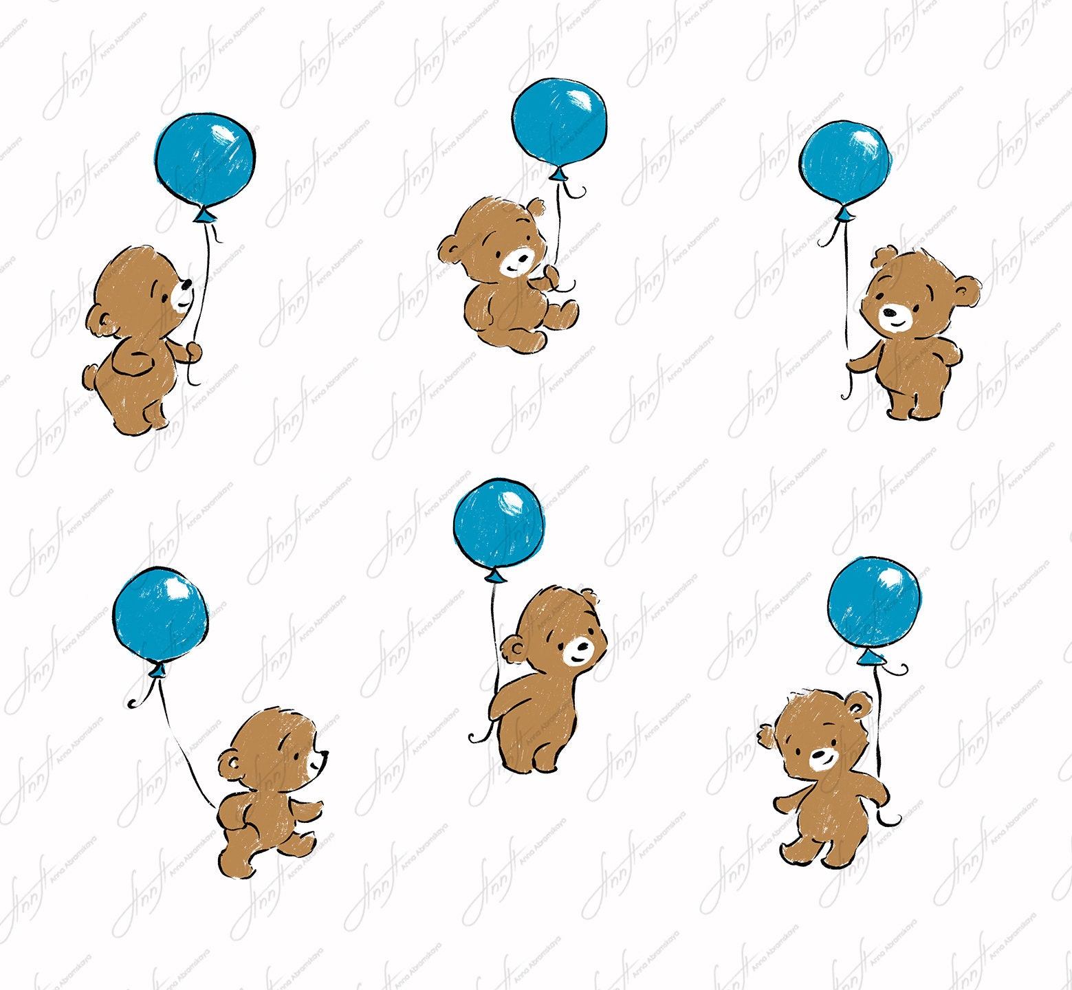 6 Teddy Bears With Blue Balloons Clipart - Nursery Decor - Birthday ...