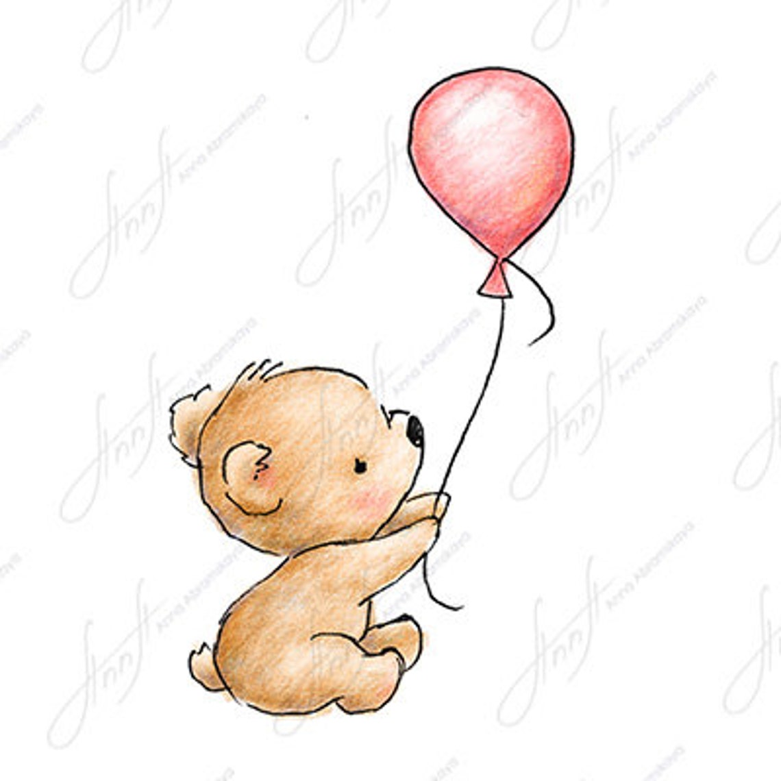 De Tekening Van Cute Teddy Beer Met Roze Ballon Afdrukbare Etsy