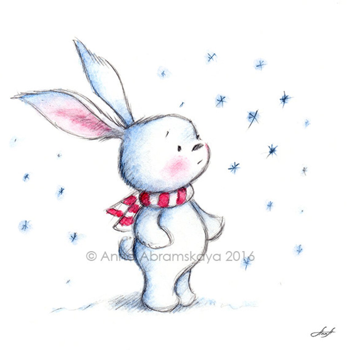 Bunny and Snow Printable Art Christmas Card Teddy Bear - Etsy