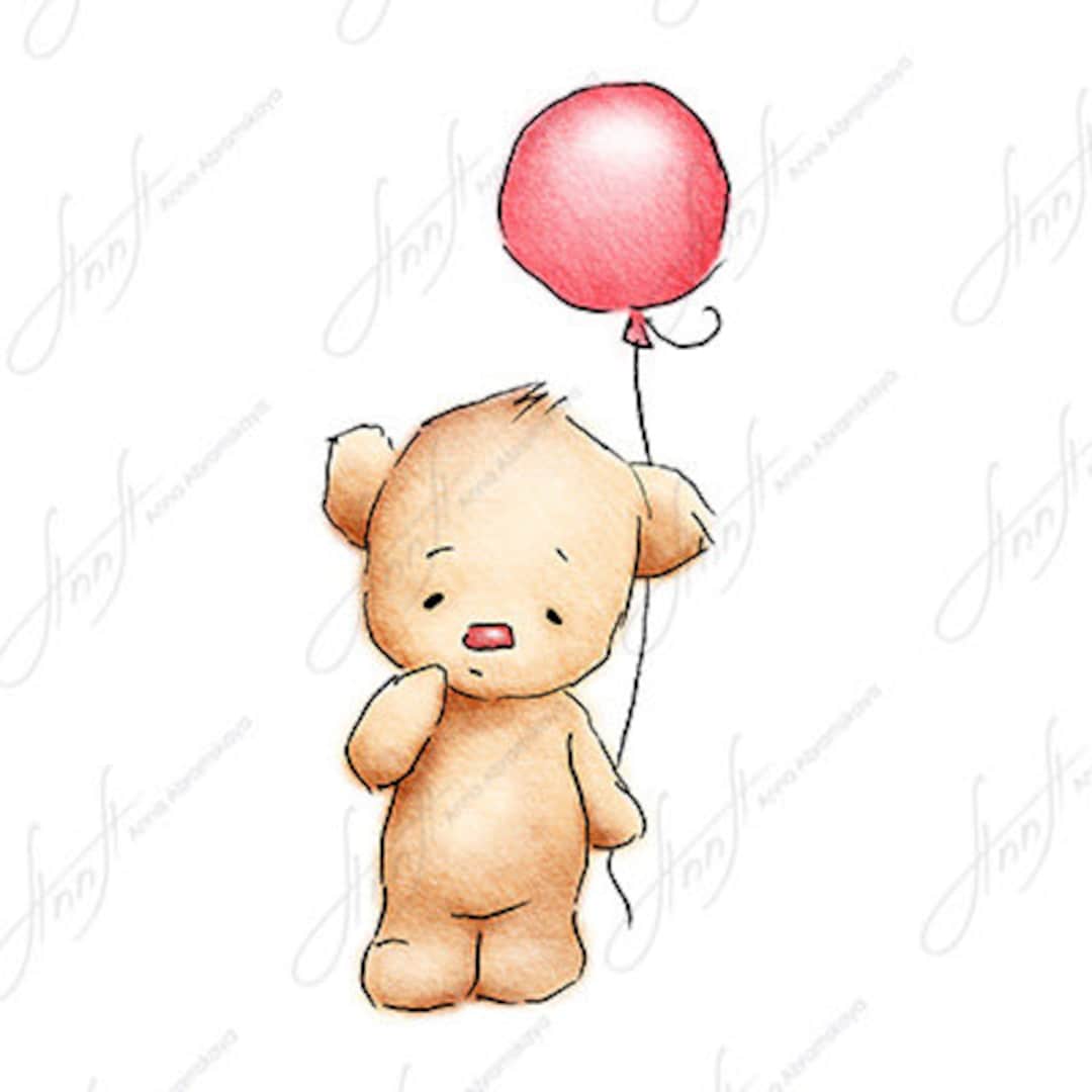 Rysunek cute misia czerwony balon. Sztuka druku. Plik cyfrowy. - Etsy ...