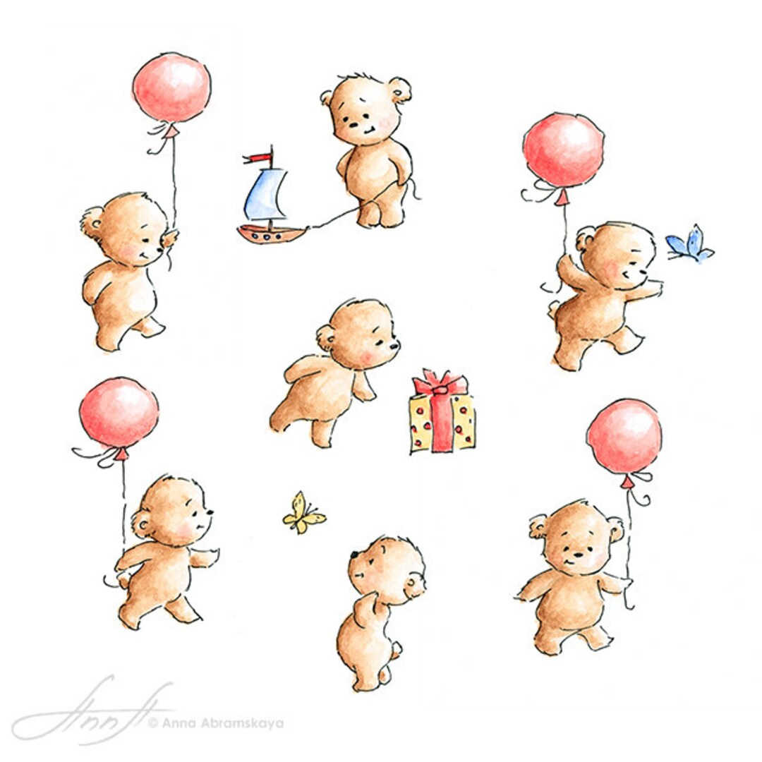 7 Teddy Bears Clipart - Watercolor and Ink - Nursery Decor - Birthday ...