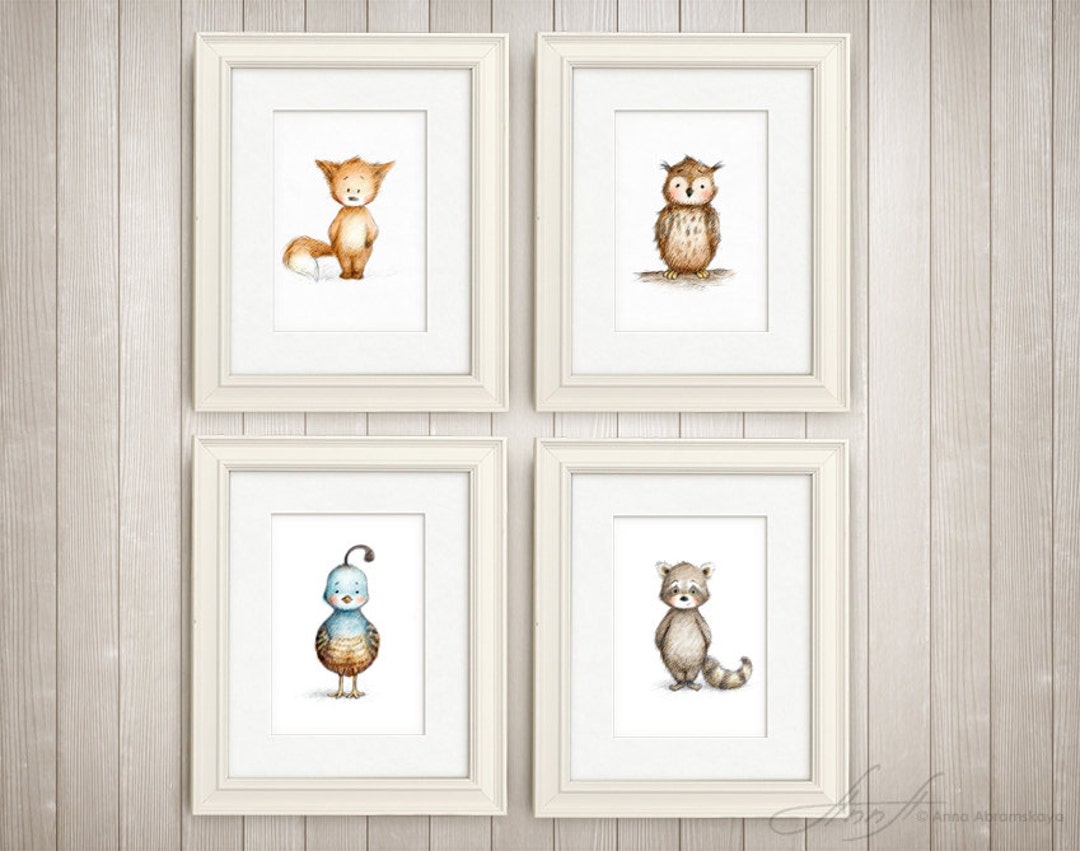 Set of 4 Woodland Animals Prints - Animal Nursery Wall Set - Raccoon ...