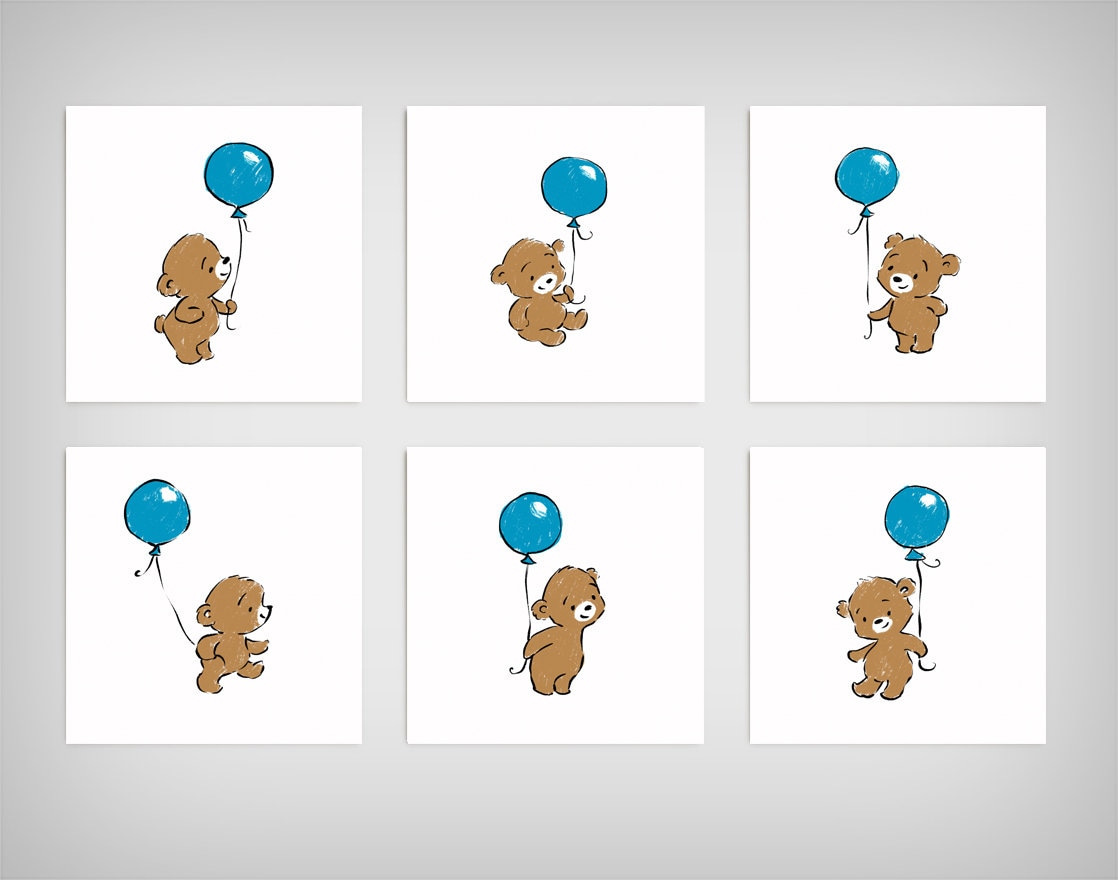 6 Teddy Bears With Blue Balloons Clipart - Nursery Decor - Birthday ...