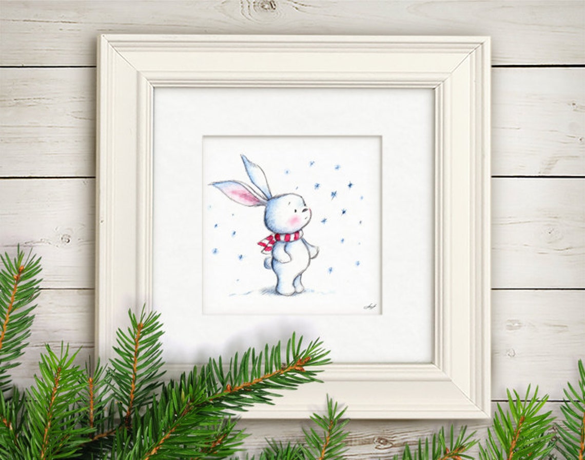 Bunny and Snow Printable Art Christmas Card Teddy Bear - Etsy