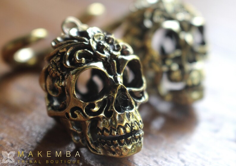SKULL EARRINGS, Brass Skull Earrings, Ear Weights, Ear Gauges ...