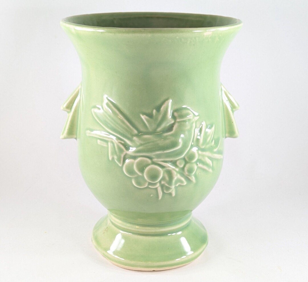 Vintage Mccoy Pottery Green 8 Vase, Bird on Branch With Leaves and ...