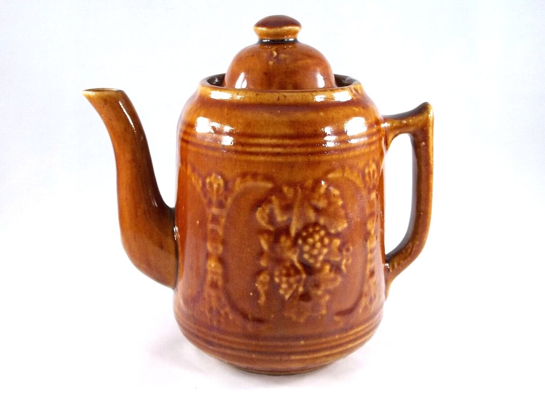 Antique Rustic Brown Stoneware Teapot Grapes & Leaves Harvest Pattern ...
