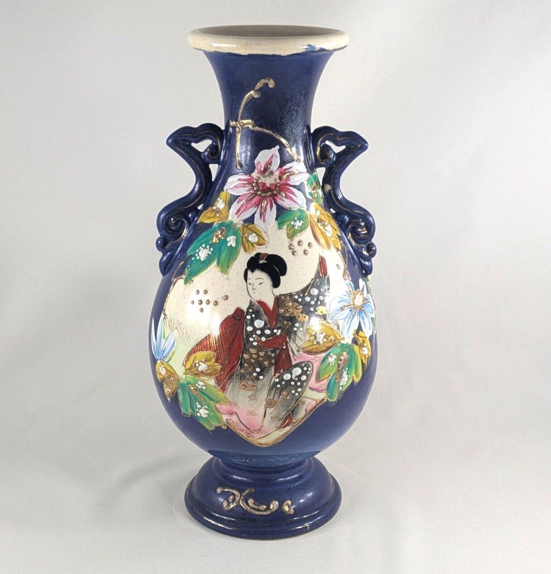 Japanese Satsuma Cobalt Blue Vase With Geisha Portrait, Moriage ...