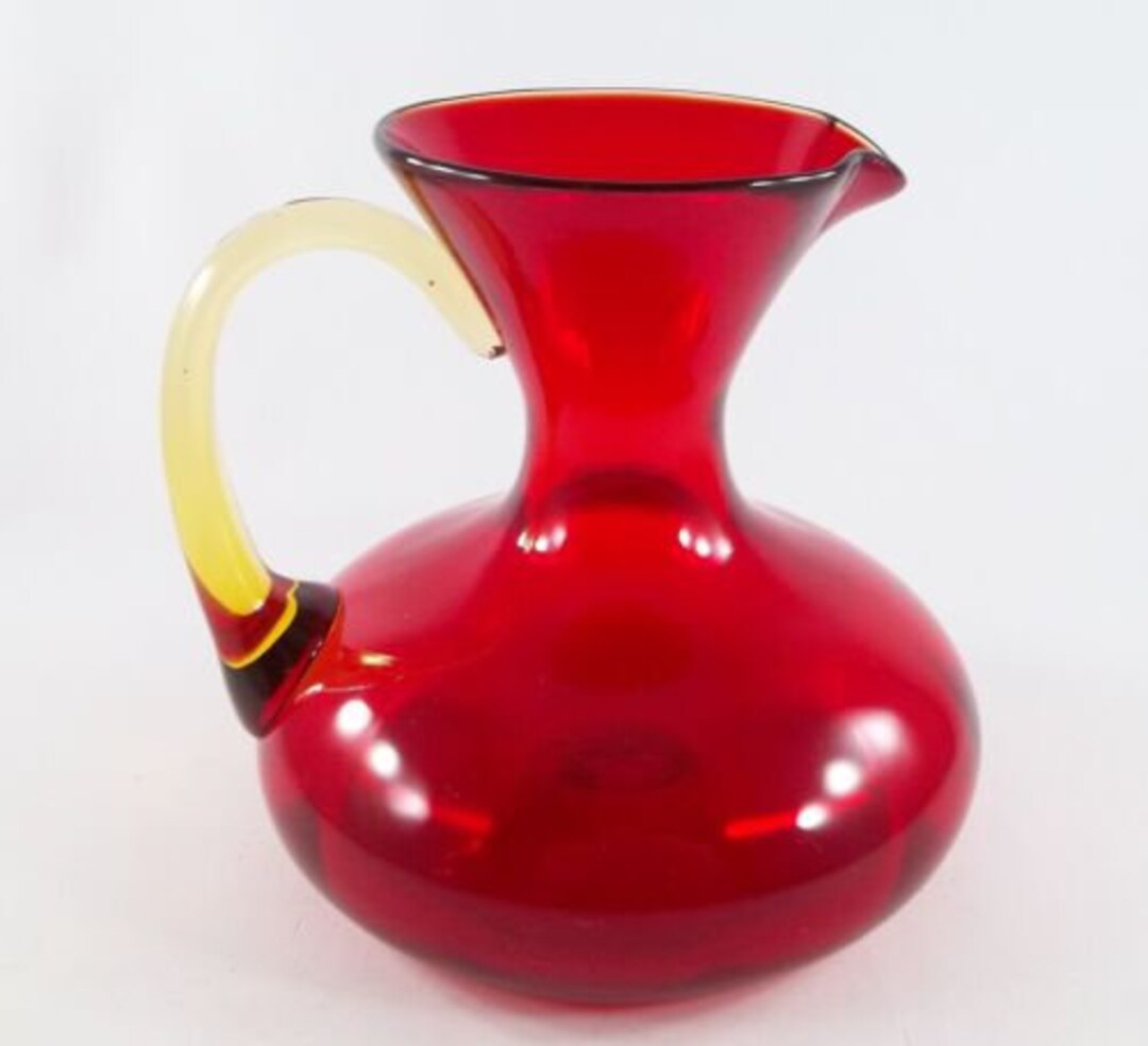 Vintage Rainbow Glass Co Handmade Blown Ruby Red Pitcher With Amber ...