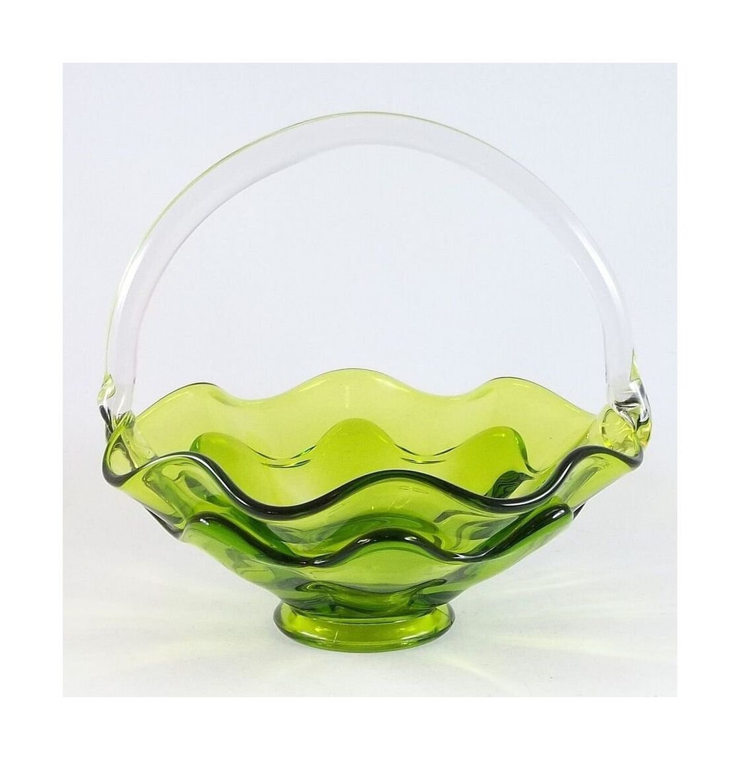 70's Viking Epic Avocado Glass Basket 6711 Applied Clear Glass Handle ...