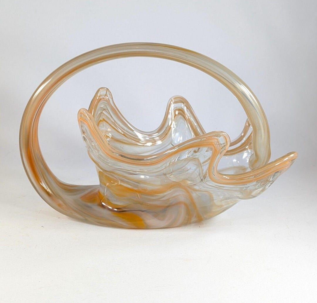 Sooner Glass Free Form Cornucopia Style Basket, Orange & Clear Glass ...