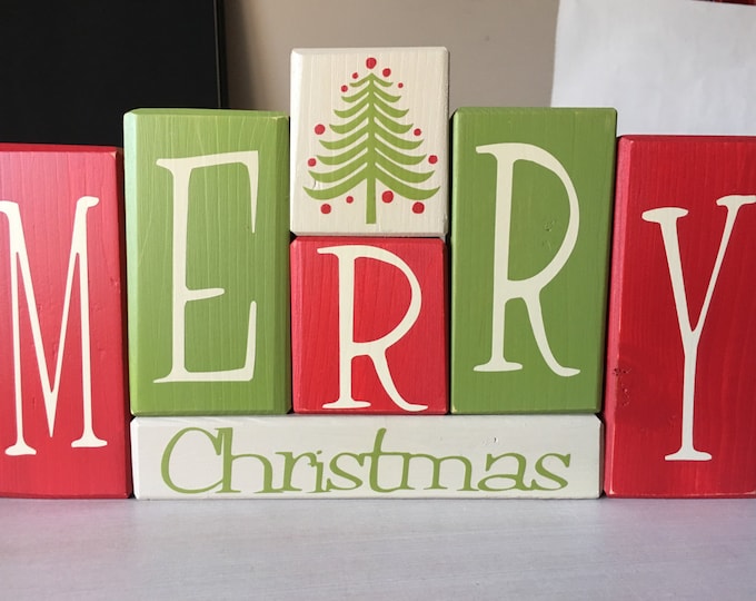 Merry Christmas- Wood Blocks- Sign- Centerpiece- Holiday- Mantle- Table ...