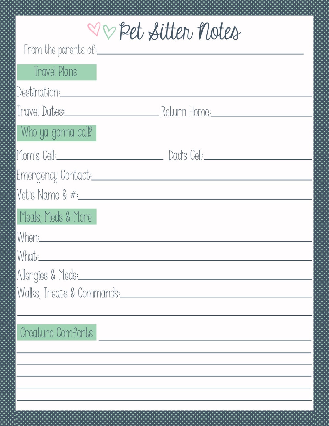 Pet Sitter Notes Digital Print | Dog Sitter Notepad | Binder Size ...