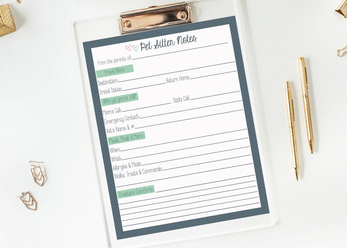 Pet Sitter Notes Digital Print | Dog Sitter Notepad | Binder Size ...