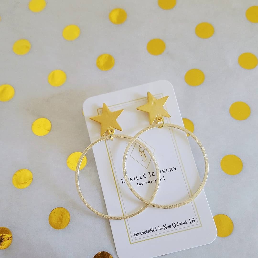 Gold Cosmos. Gold Brushed Statement Earrings. Gold Star Hoops. - Etsy