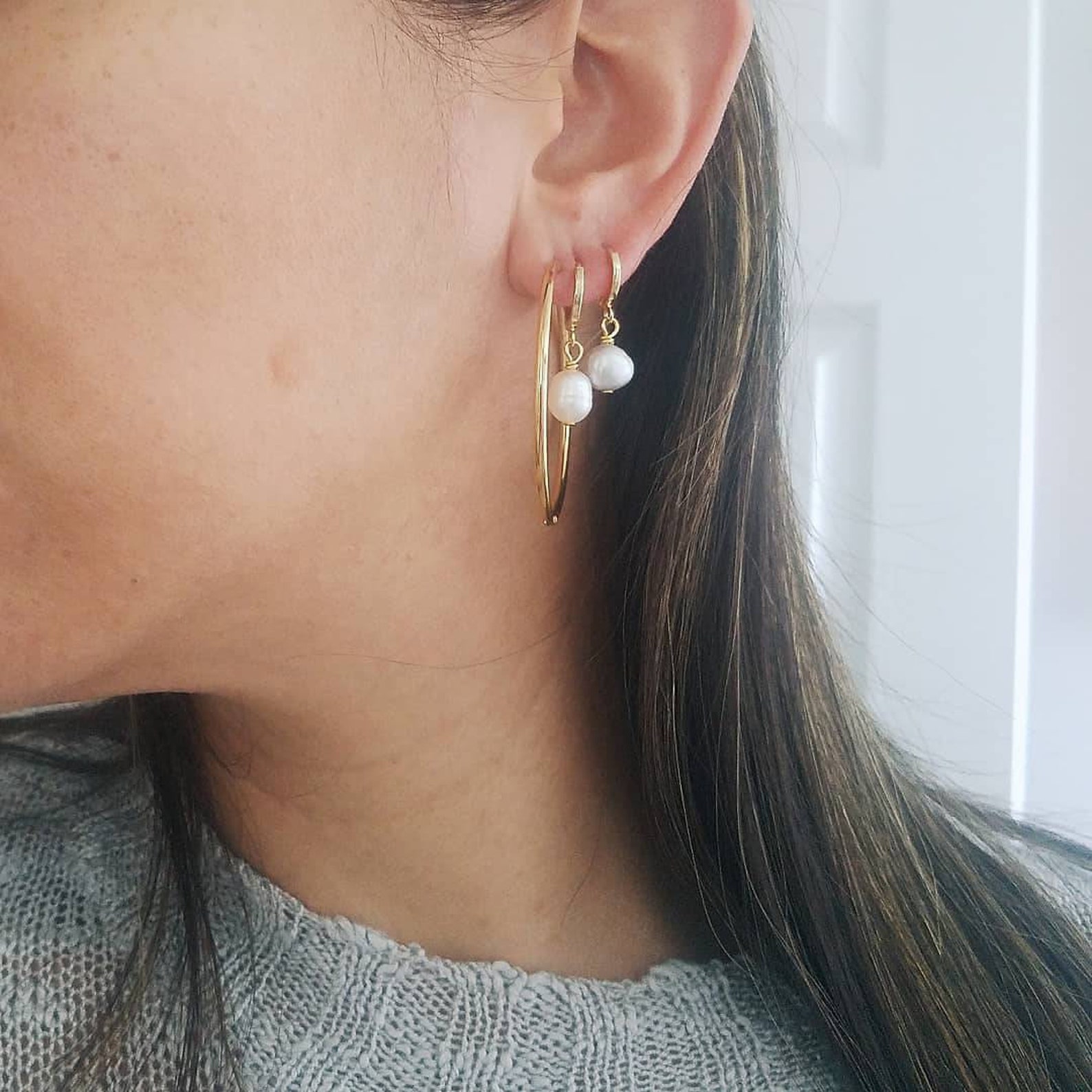 Fresh Water Pearl Huggies. Gold Pearl Earrings. Everyday Pearl | Etsy