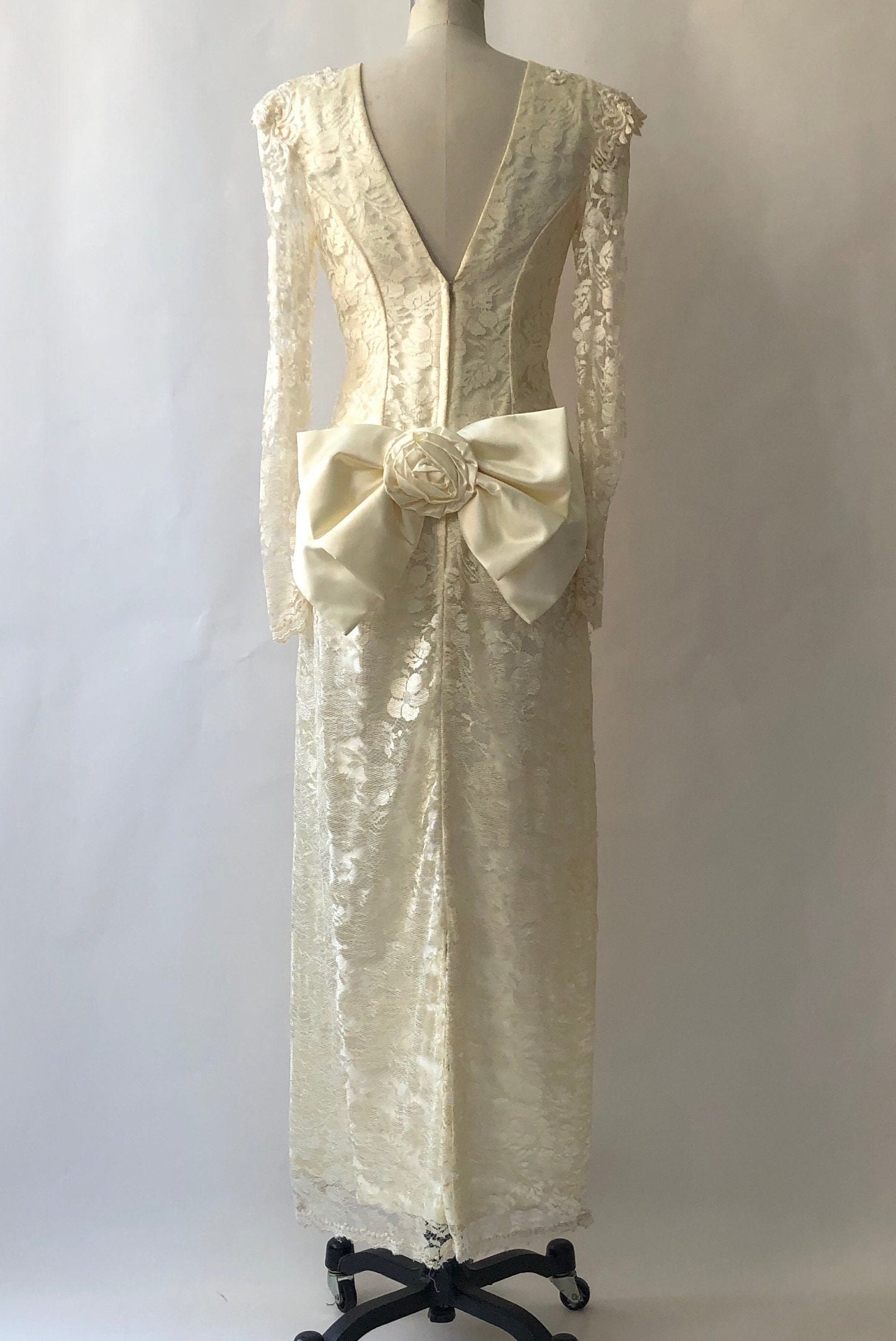 Lace Column Bridal Dress With Bow Sequins & Pearls 1980s - Etsy