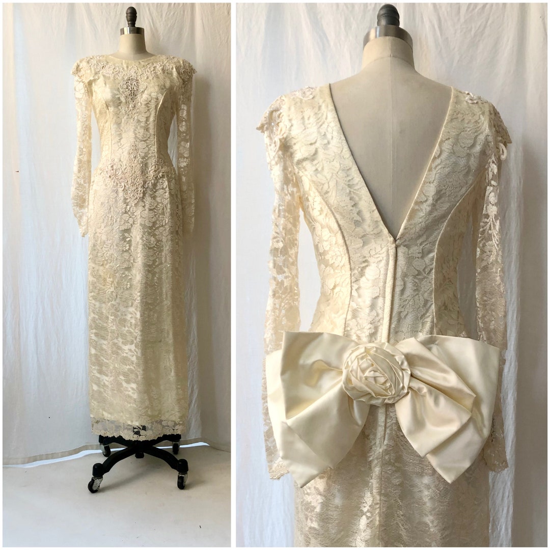 Lace Column Bridal Dress With Bow Sequins & Pearls 1980s - Etsy