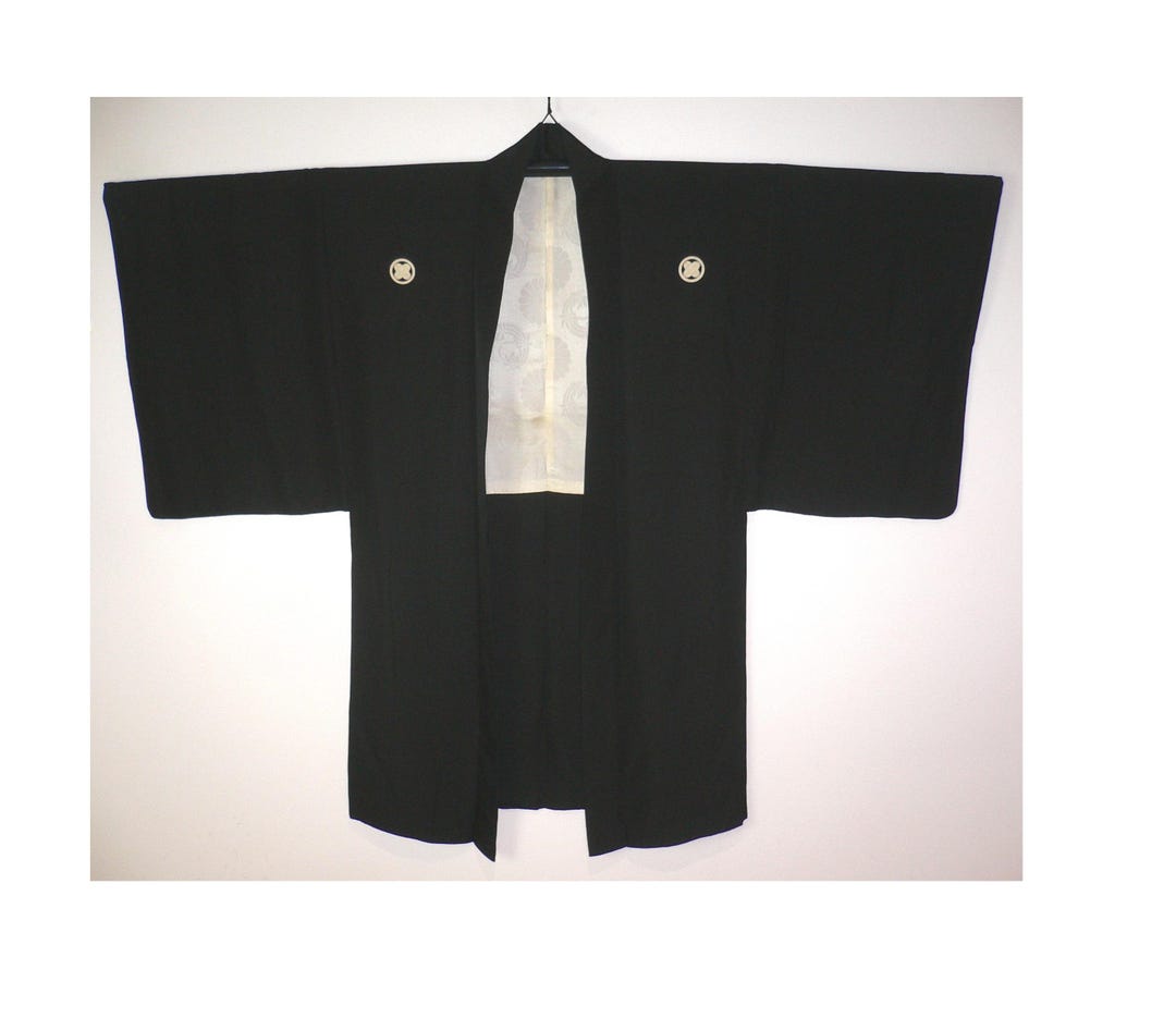 Rare, Japanese, Men's, Black, Silk, Formal Haori Jacket Kimono, Figured ...