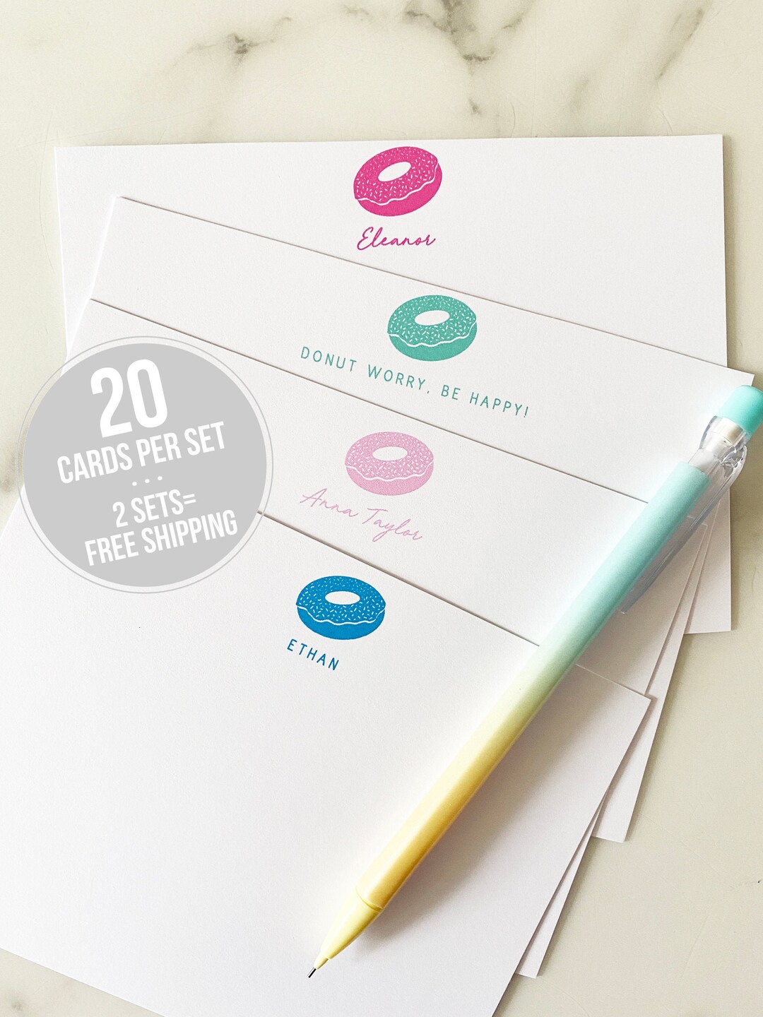 Donut Stationary Kids Personalized Stationery Set of 20 Flat Note Cards ...