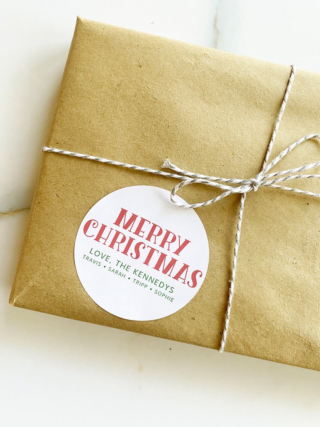 Merry Christmas Gift Tag Stickers Round Circle Family Name Stickers ...