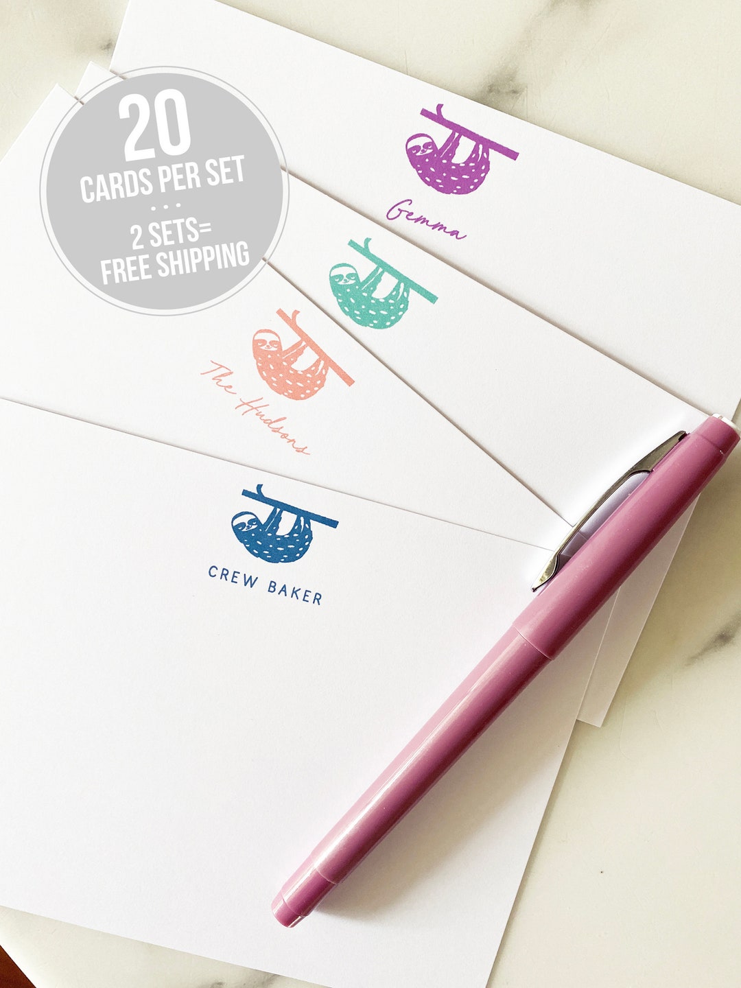 Sloth Personalized Stationary Kids Stationery Set of 20 Flat Thank You ...