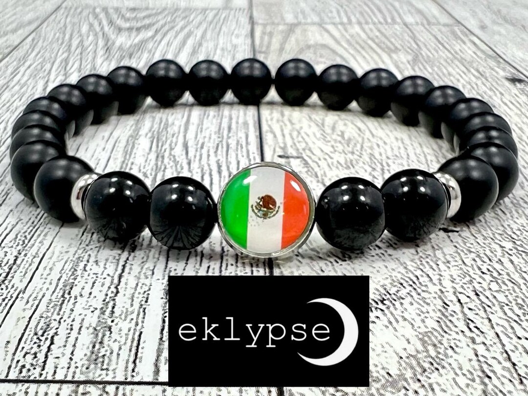 Mexican Flag Bracelet | 8mm Onyx Gemstone & Stainless Steel Beads ...