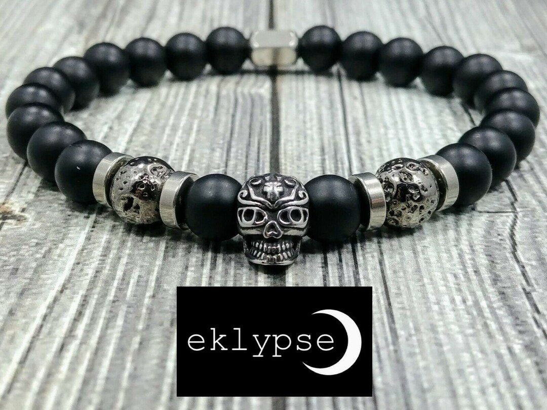 HIP Stainless Steel Sugar Skull 8mm Matte Black Onyx & Gun-metal Plated ...