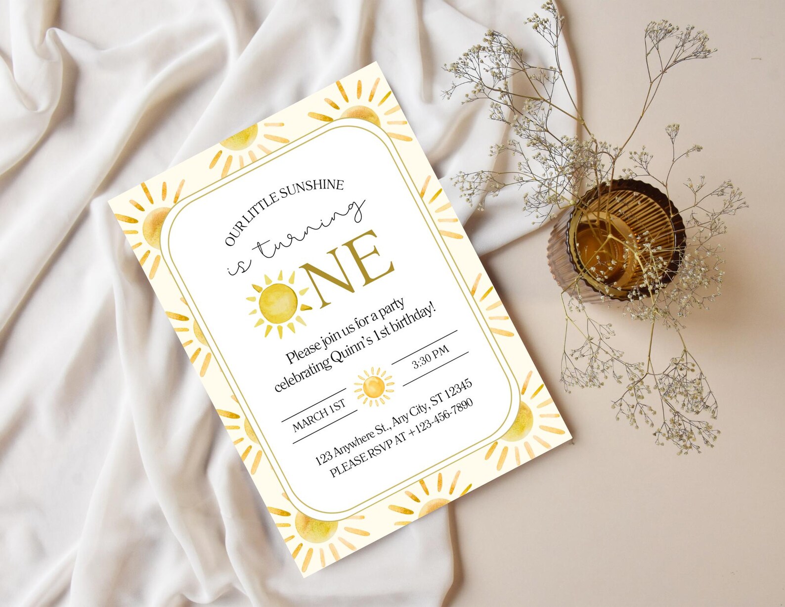 Editable - Our Little Sunshine is Turning One Invitation - 1st Birthday ...