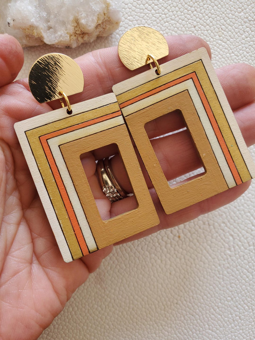 Funky Rectangular Hoop Earrings With Stripes- Colorful Boho Wood ...