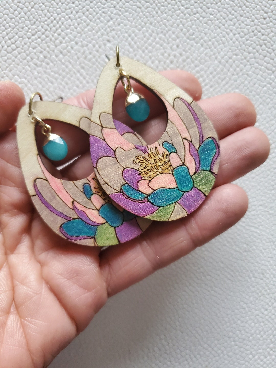 Vibrant Wood Earrings With Flowers: Teardrop Boho Dangles With Unique ...