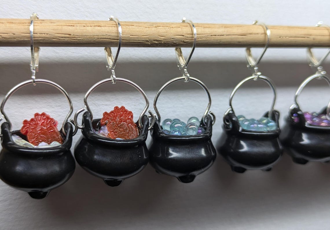 Resin Red Heart in Mini Cauldron Earrings 3D With Abalone Shell Bits in ...