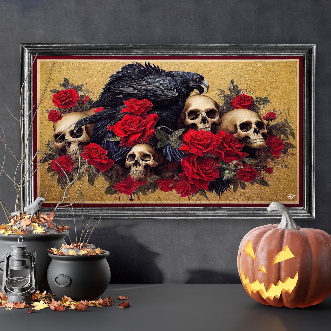 Vintage Skulls Raven Samsung Frame TV Art | Halloween Red Roses Gothic ...