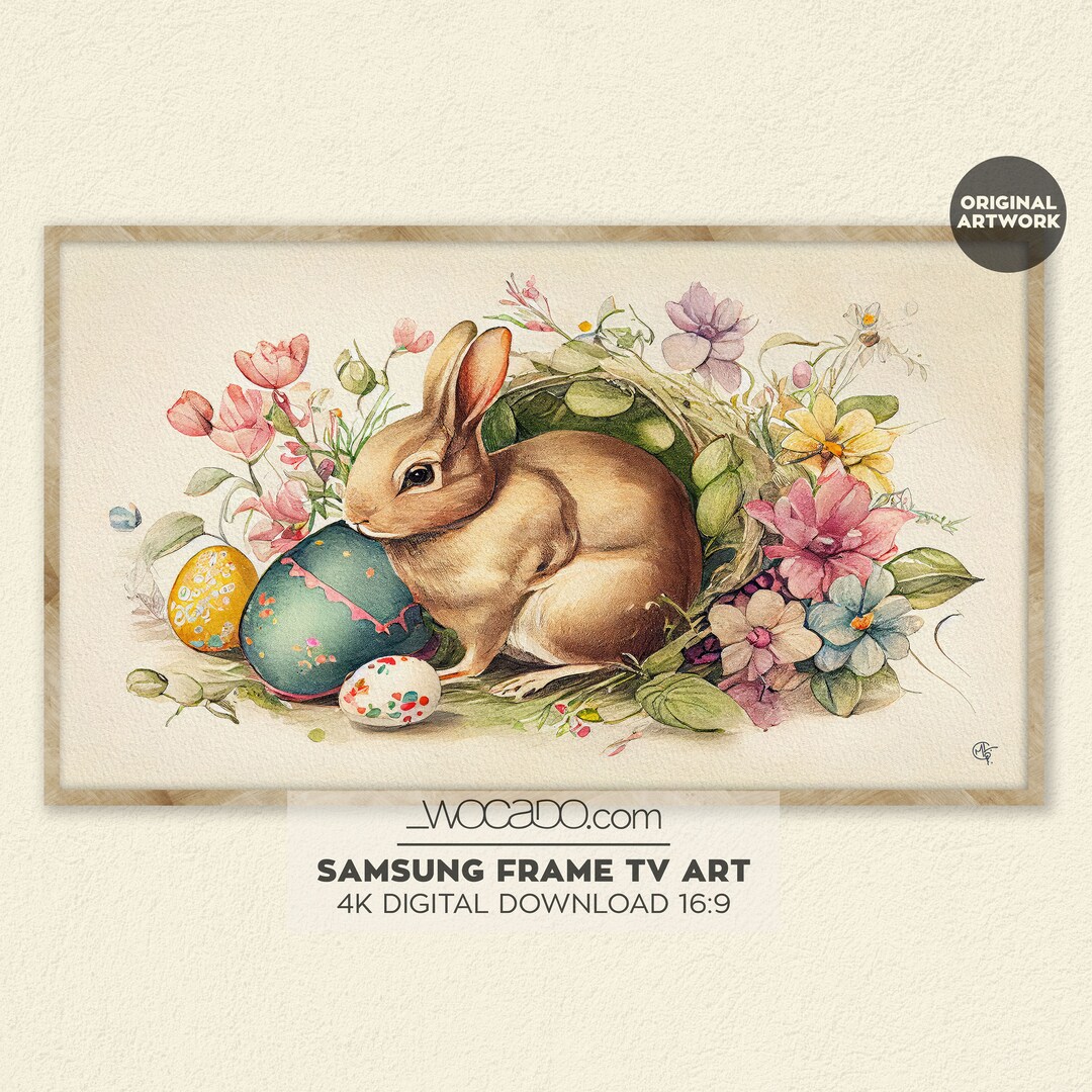 Easter Bunny Samsung Frame TV Art, Watercolor Eggs, Vintage Floral ...