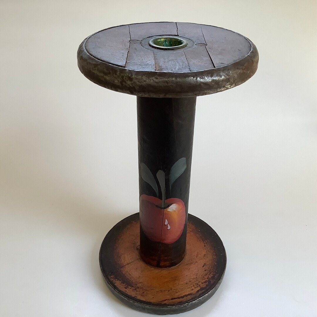 Vintage Textile Mill Spool/wood Spool/tole Painted Apple/cross Stitch ...