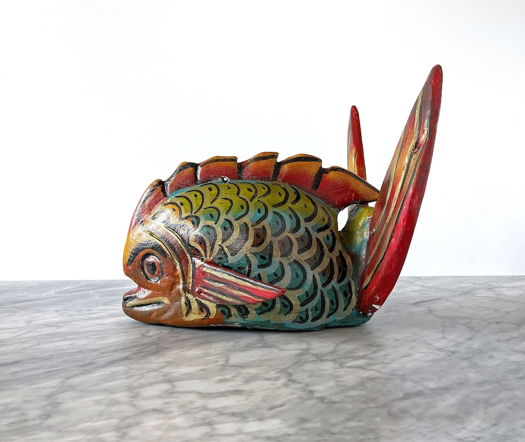Vintage 11 Mexican Folk Art Wooden Fish Hand Carved Colorful Boho ...