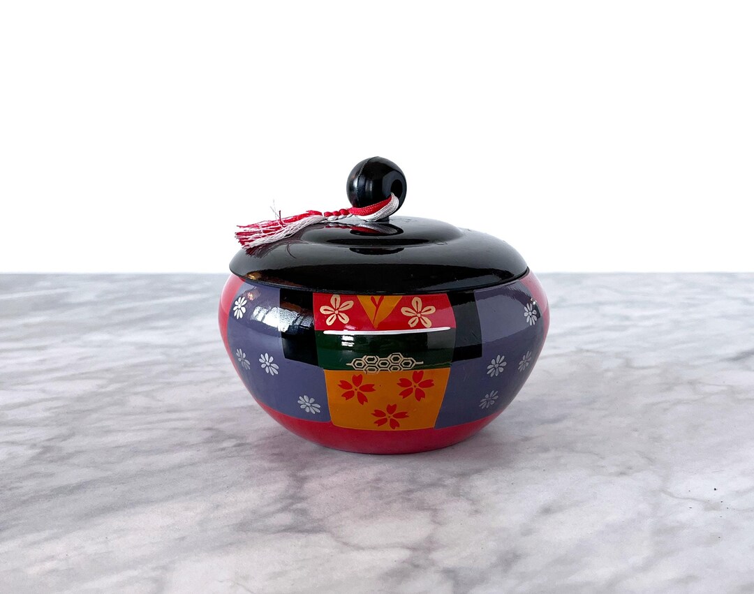 Vintage Colorful Japanese Box With Lid & Tassel - Jewelry Trinket Box ...